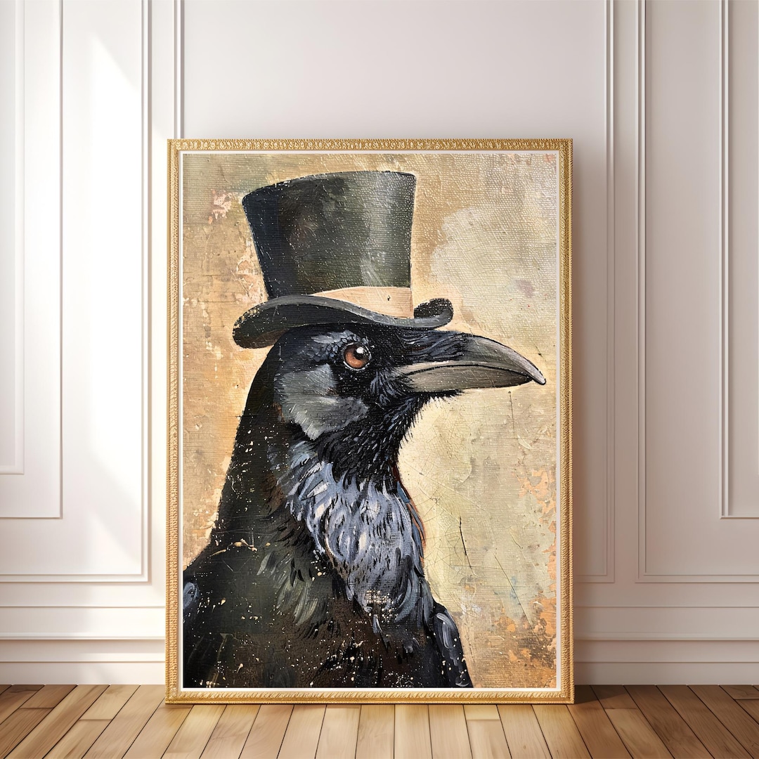 PRINTABLE Victorian Crow Top Hat Oil Painting, Surreal Raven Print ...