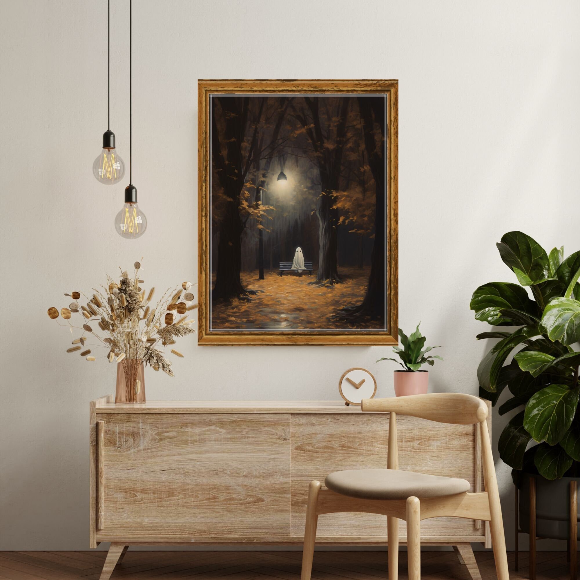 Ghost on a Park Bench, Spooky Autumn, Halloween Art Print, Moody Art ...