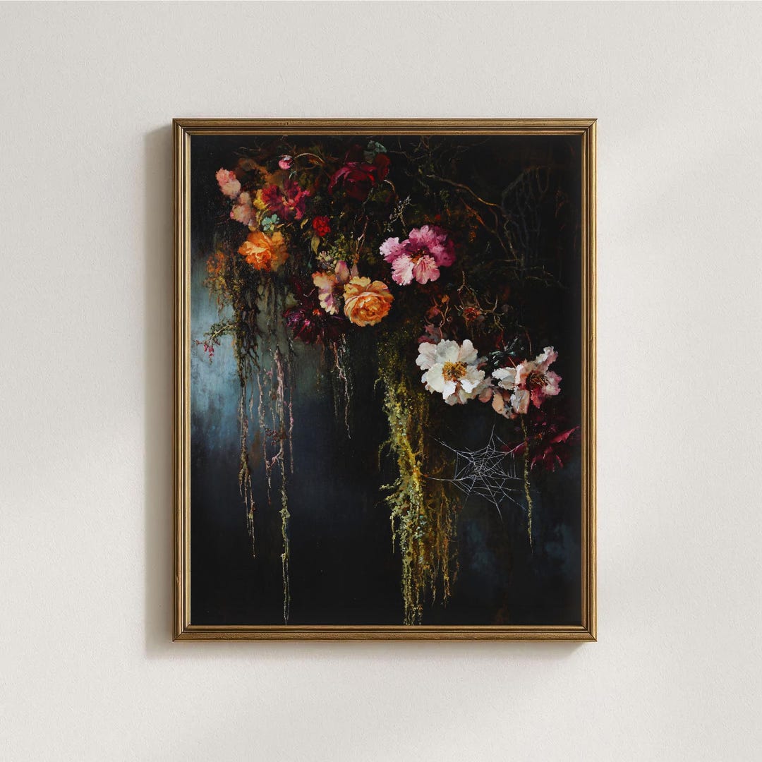 Botanical Moss Wall Art Printable Dark Floral Cobweb Painting ...