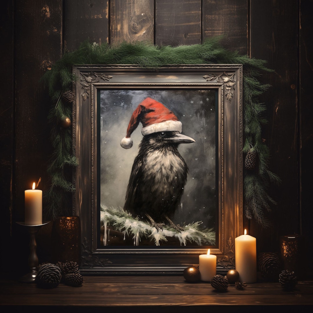 PRINTABLE Santa Crow Painting, Dark Holiday Decor, Merry Raven Wall Art, Whimsigoth Creepy ...