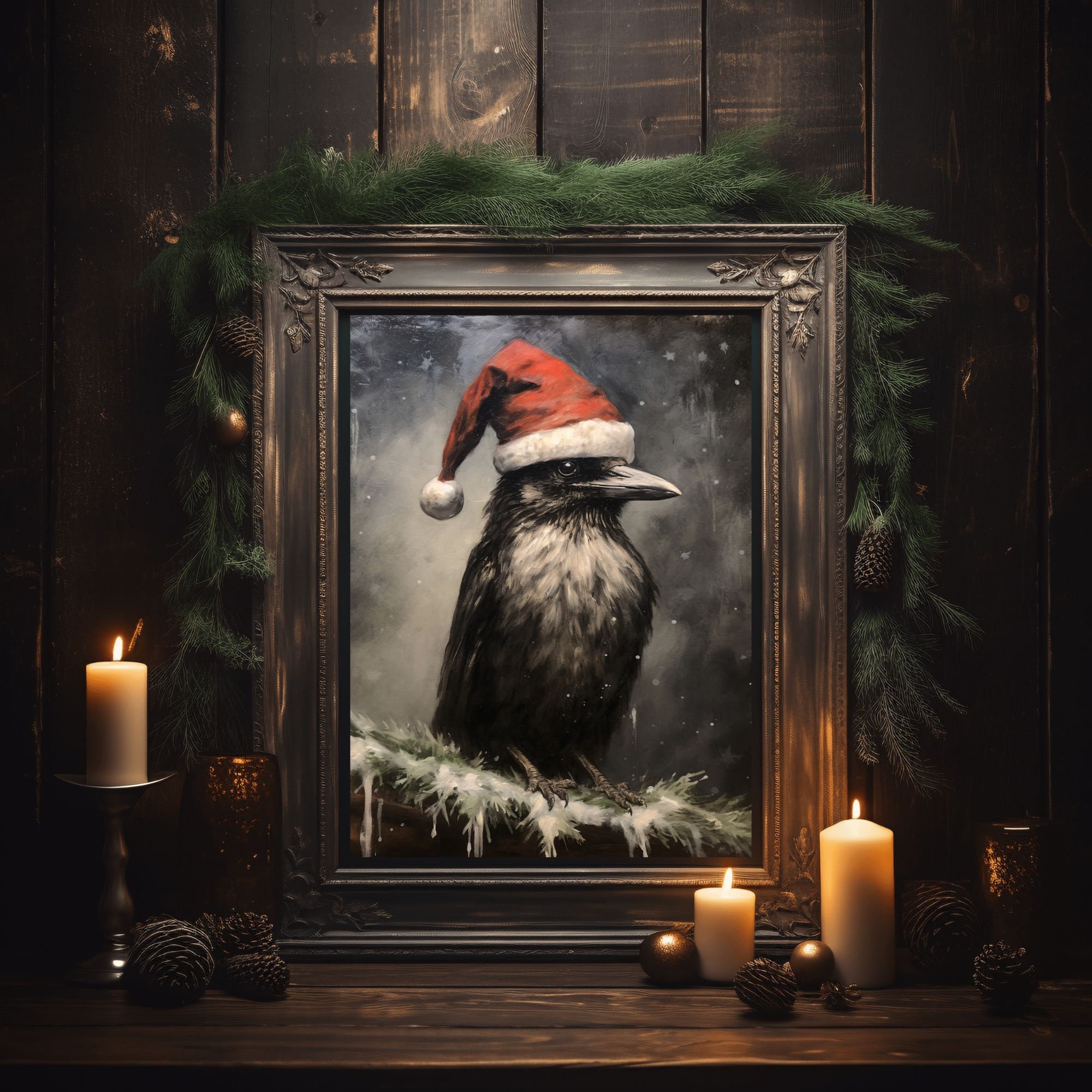 PRINTABLE Santa Crow Painting, Dark Holiday Decor, Merry Raven Wall Art ...