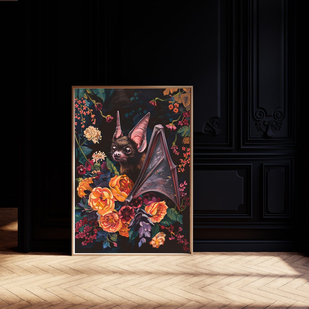 PRINTABLE Dark Moody Floral Bat Oil Painting, Cottagecore Dark Academia ...