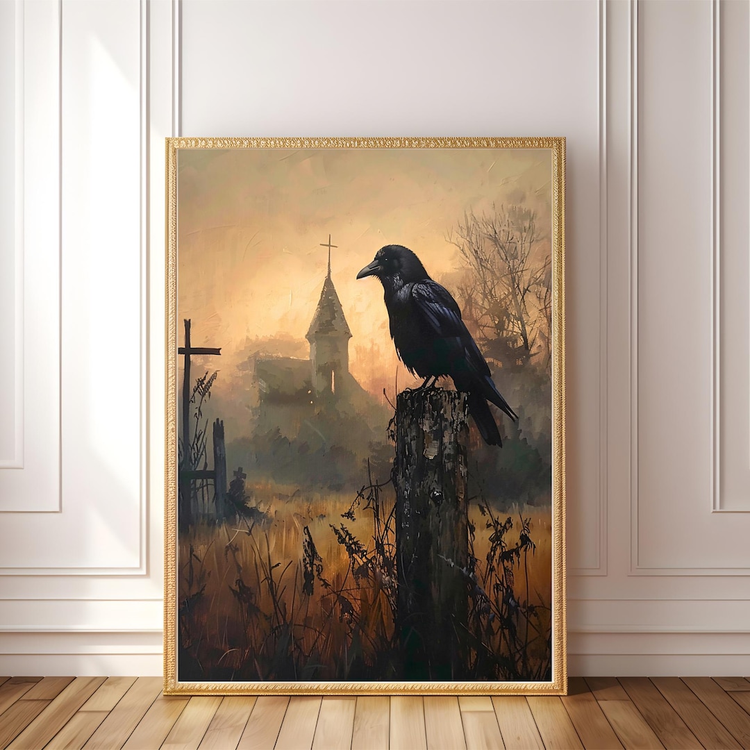 PRINTABLE Raven & Church Painting | Gothic Crow Wall Print | Haunting ...