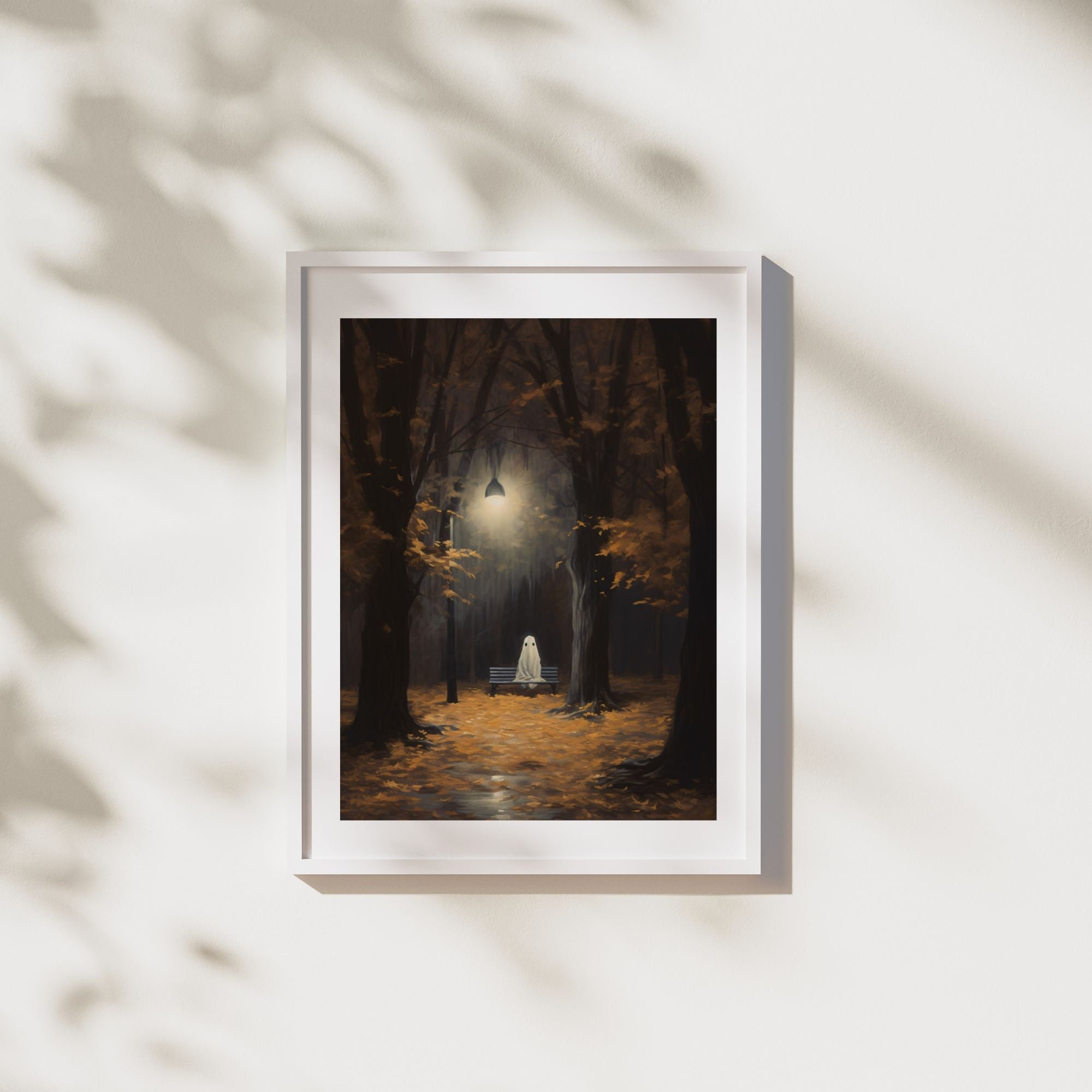 Ghost on a Park Bench, Spooky Autumn, Halloween Art Print, Moody Art ...