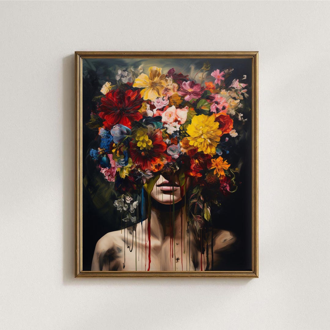 Flower Head Portrait Printable Dark Coquette Wall Art | Feminine Floral ...