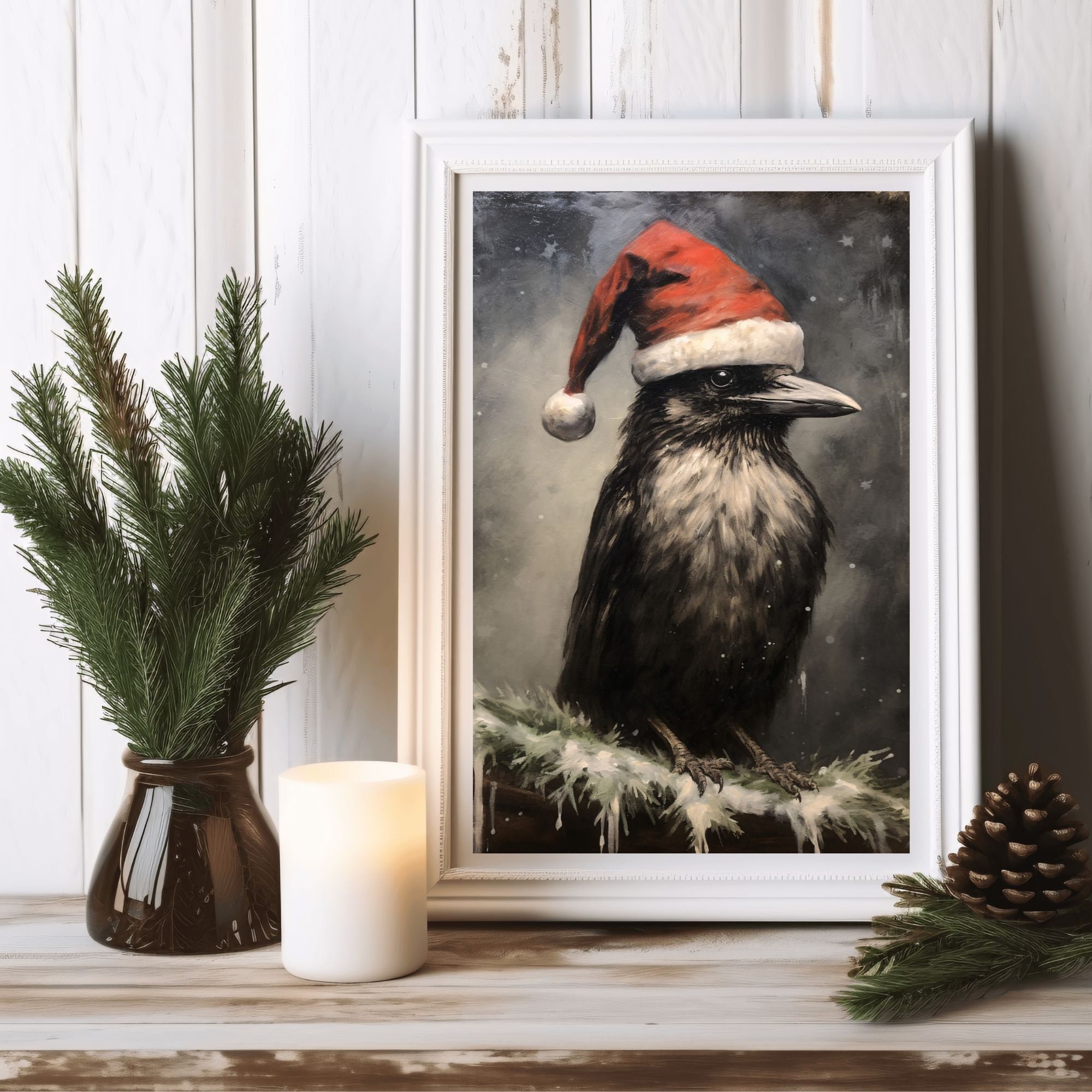 PRINTABLE Santa Crow Painting, Dark Holiday Decor, Merry Raven Wall Art ...