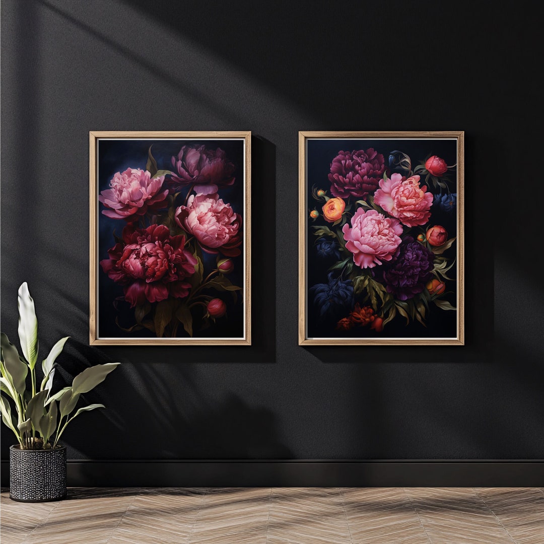 PRINTABLE Set of 2 Peony Painting, Eclectic Cottagecore Wall Art, Bold ...