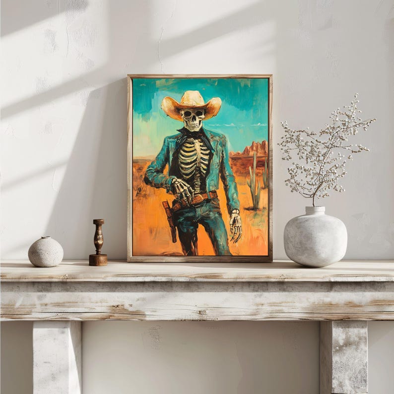 Skeleton Cowboy Wall Art Printable Gothic Western Decor | Retro ...