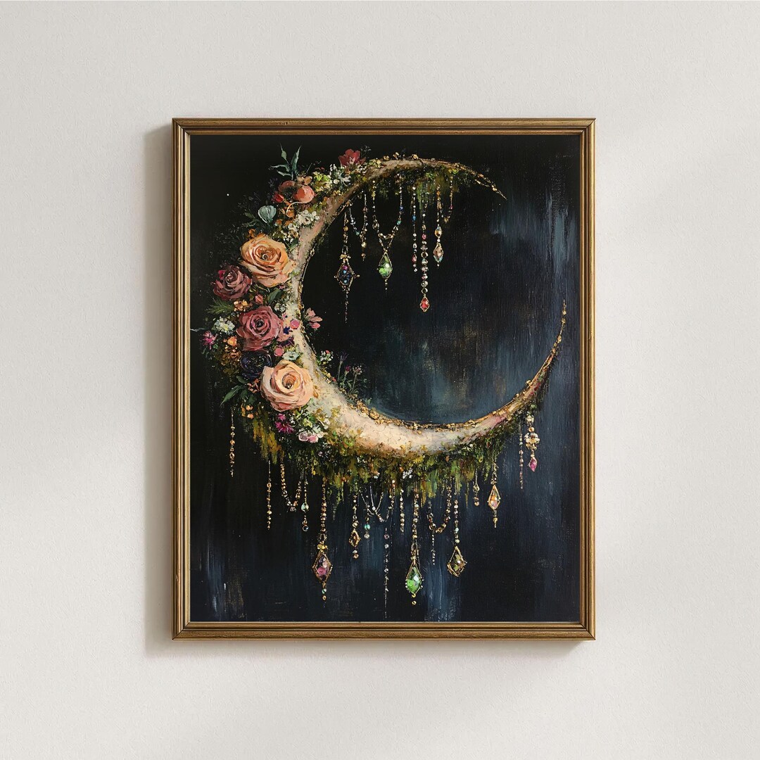 PRINTABLE Boho Gothic Crescent Moon Art – Dark Floral Wall Decor With ...