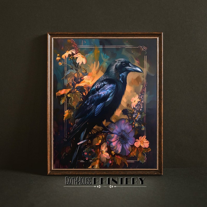 PRINTABLE Moody Floral Crow Oil Painting, Cottagecore Raven, Dark ...