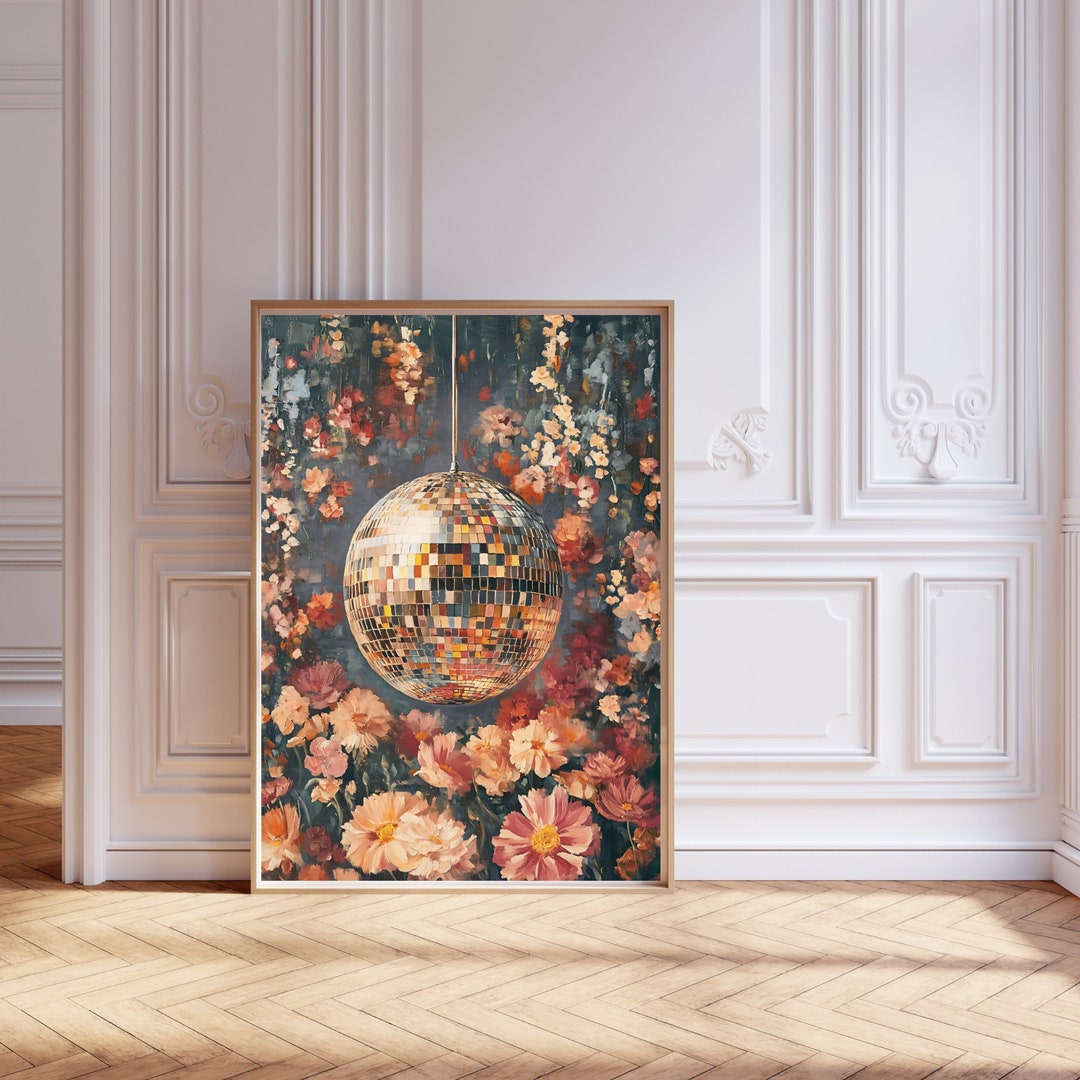 PRINTABLE Disco Ball Wall Art, Retro Flower Print, Maximalist Floral ...