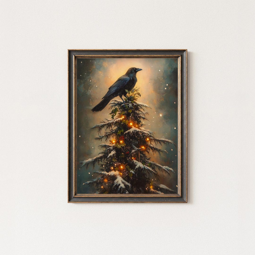 Moody Crow on Christmas Tree Digital Art | Gothmas Wall Art | Dark Academia Winter Print | Black ...