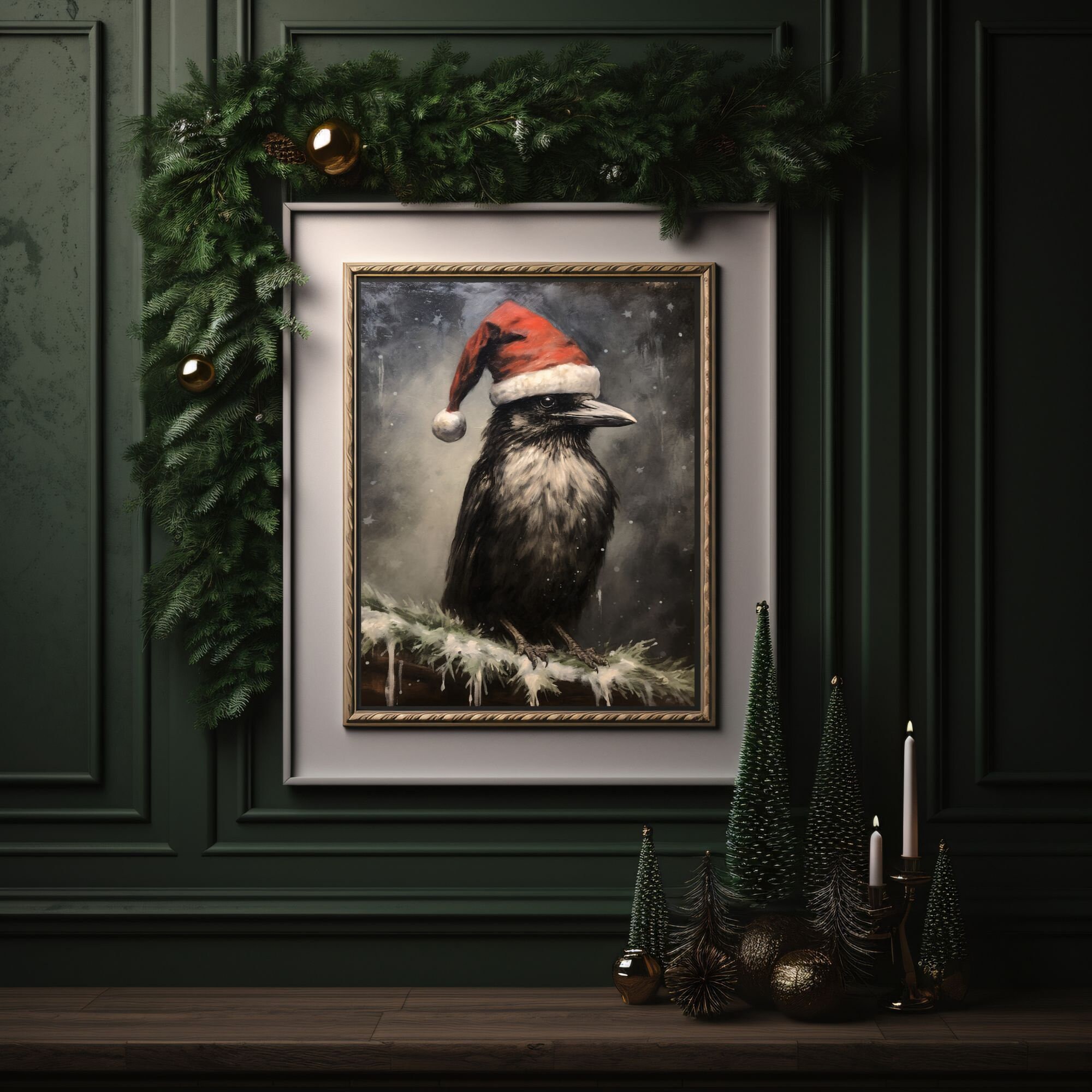 PRINTABLE Santa Crow Painting, Dark Holiday Decor, Merry Raven Wall Art ...