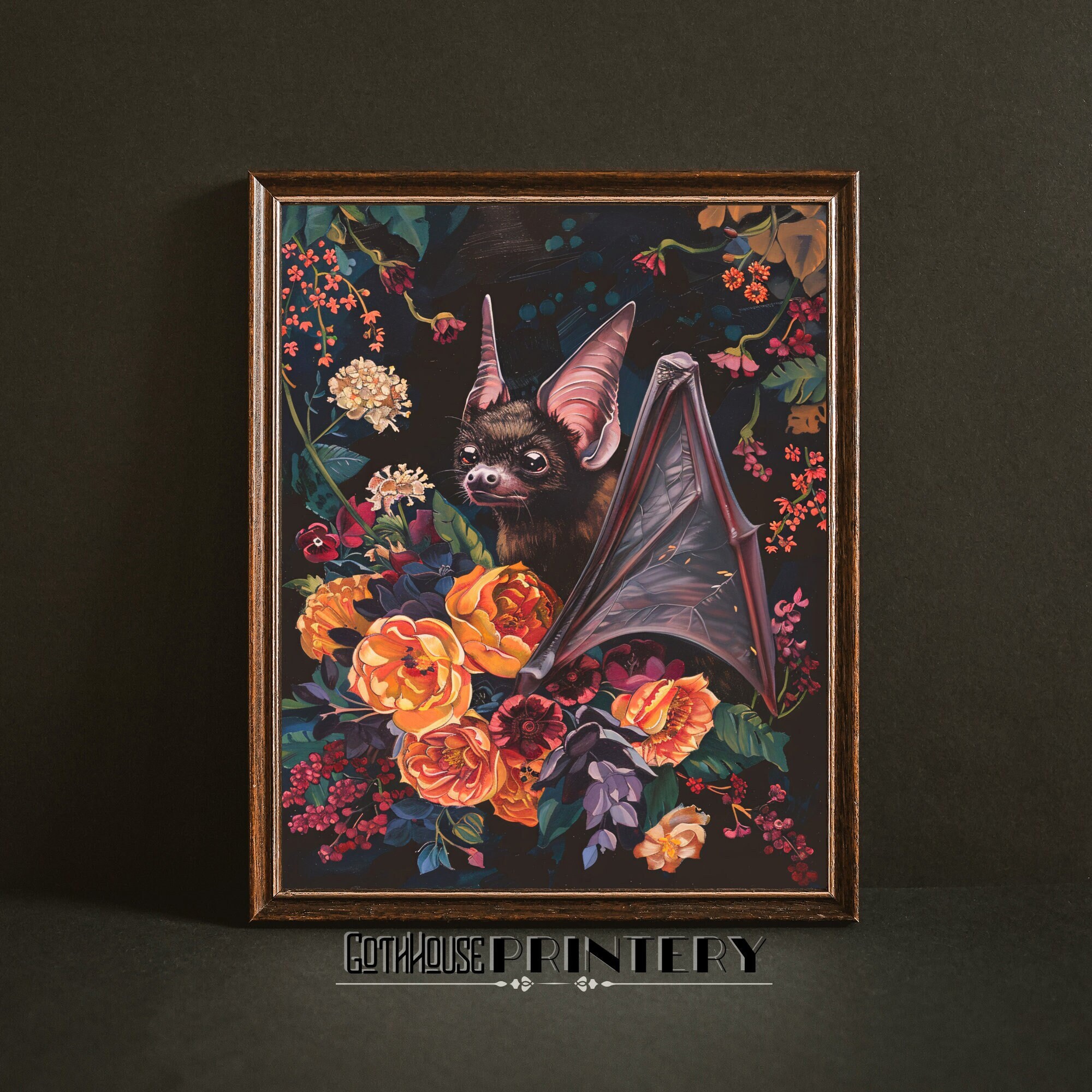 PRINTABLE Dark Moody Floral Bat Oil Painting, Cottagecore Dark Academia ...