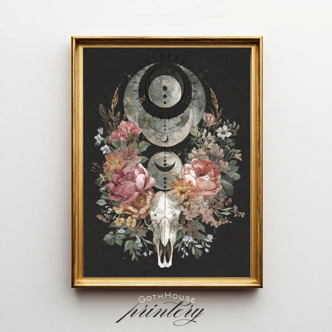 Moon Phase Skull Wall Art | Botanical Lunar Digital Print | Boho Witchy ...