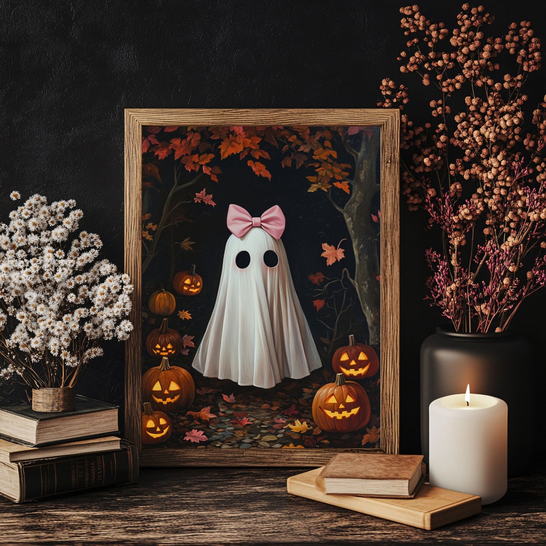 PRINTABLE Cute Pink Bow Ghost Painting, Vintage Halloween Wall Art ...