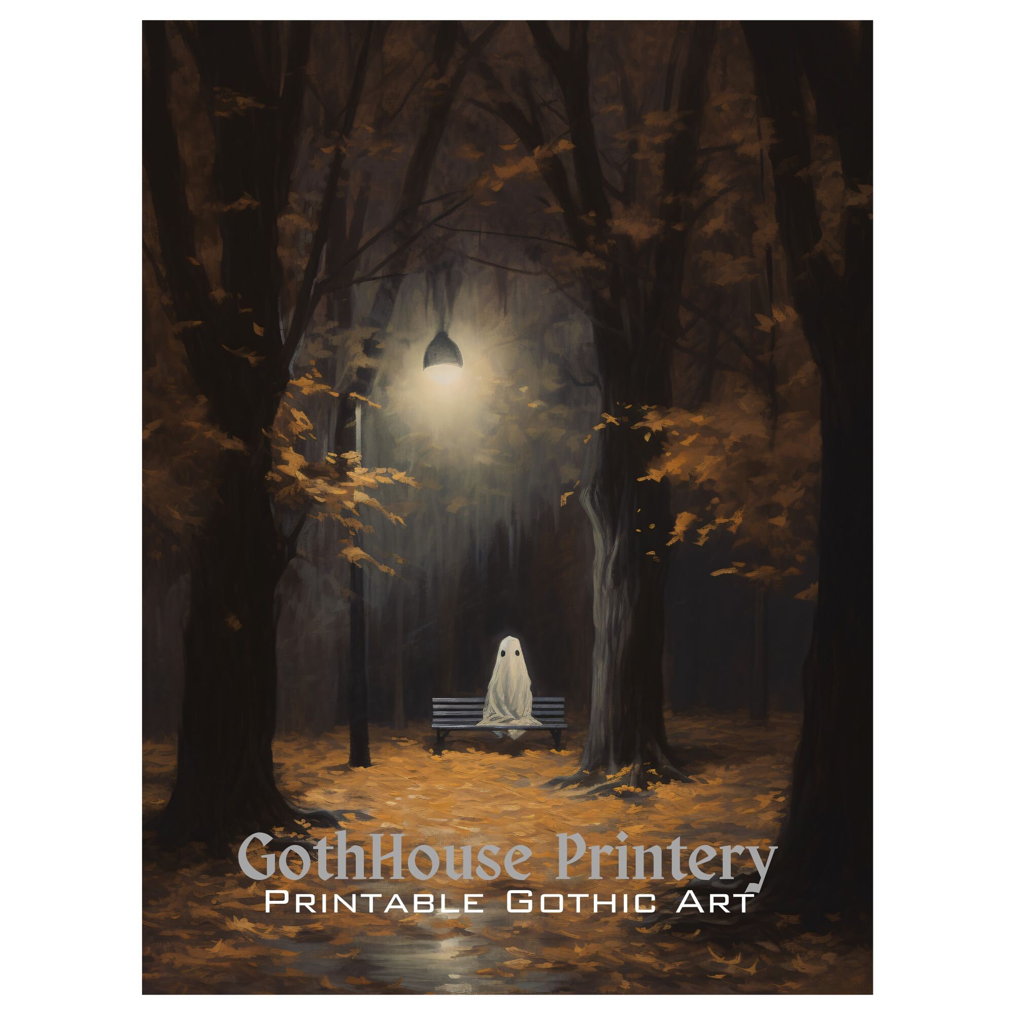 Ghost on a Park Bench, Spooky Autumn, Halloween Art Print, Moody Art ...
