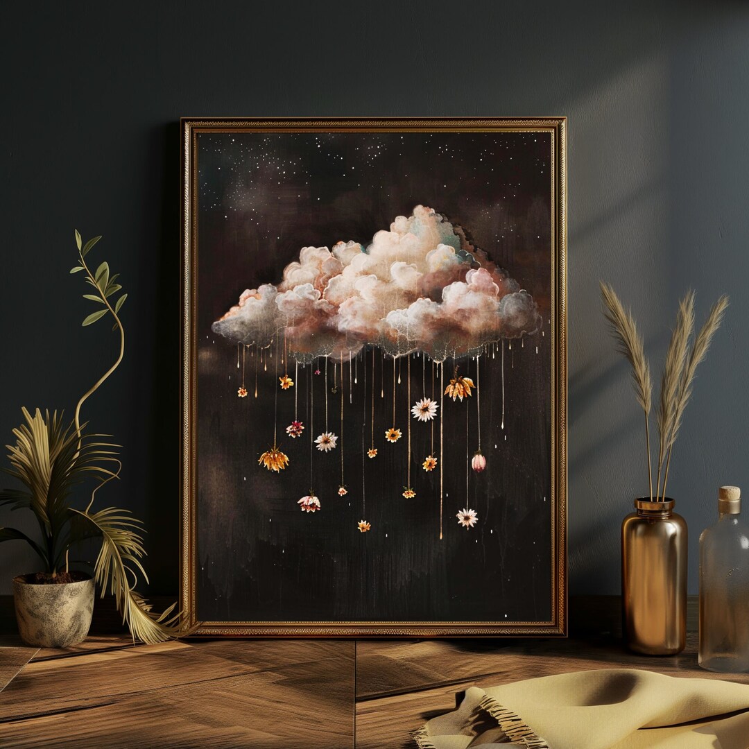 PRINTABLE Rain Flowers Oil Painting, Storm Cloud Art, Moody Cottagecore ...