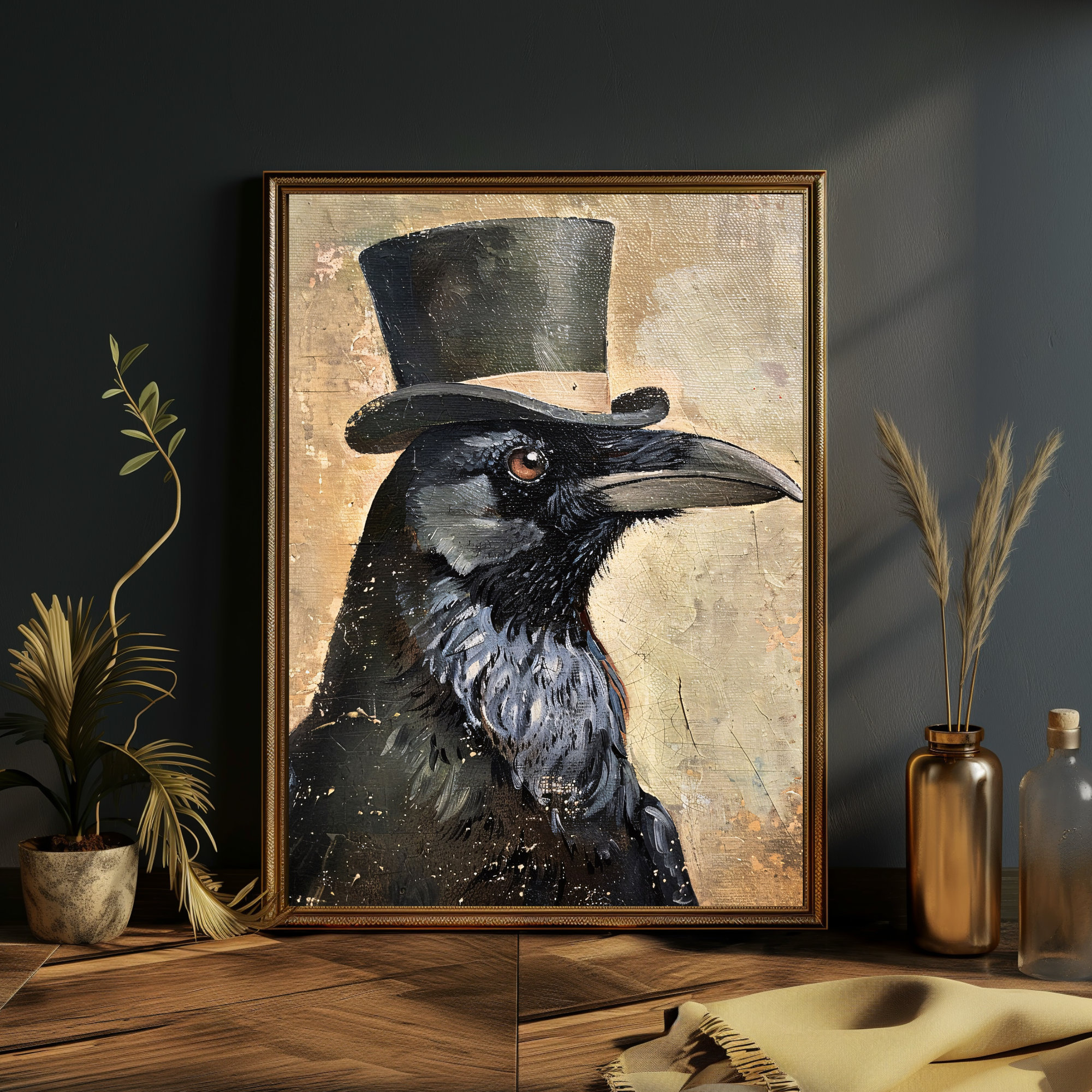 PRINTABLE Victorian Crow Top Hat Oil Painting, Surreal Raven Print ...