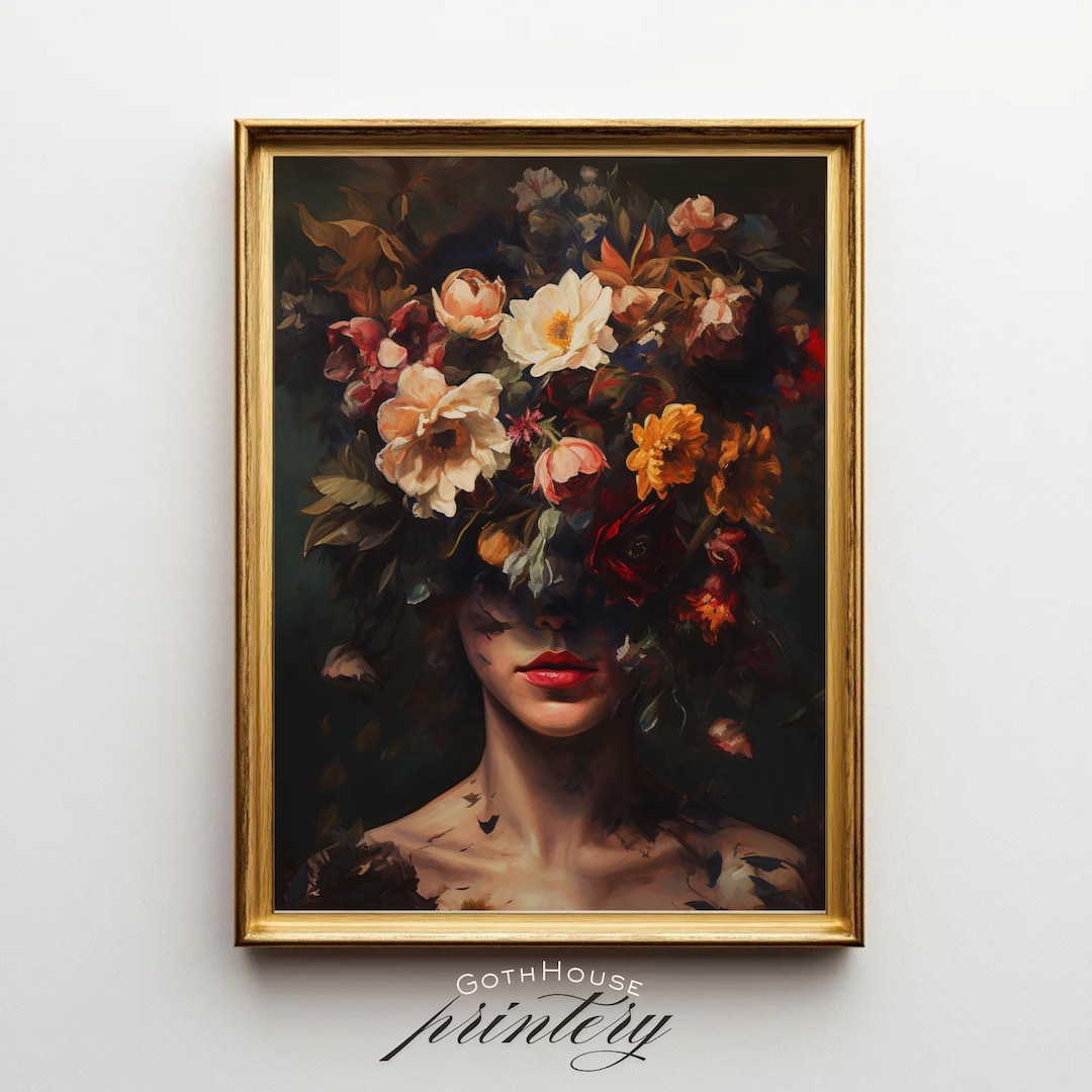 PRINTABLE Flower Head Portrait, Dark Floral Oil Painting, Vintage ...