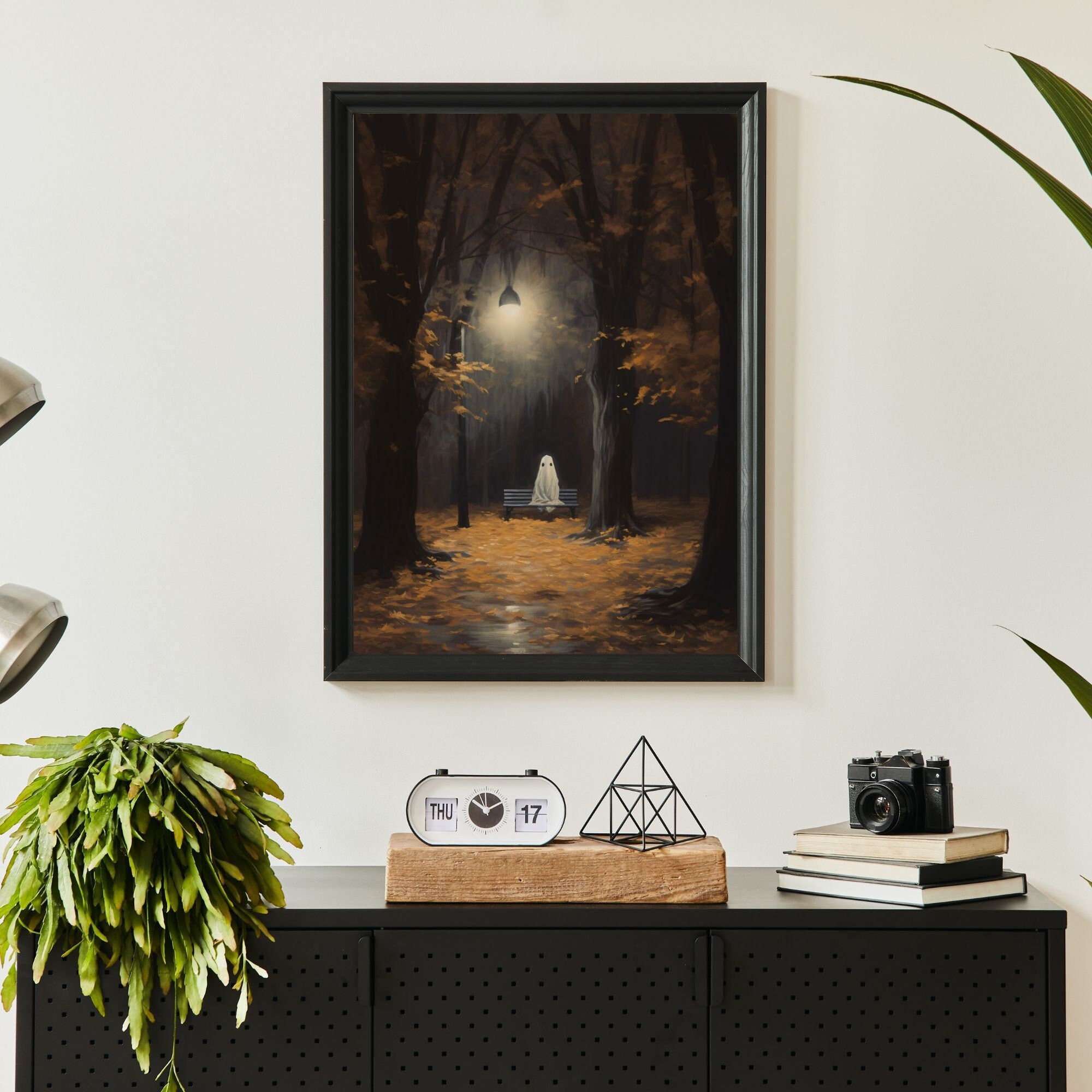 Ghost on a Park Bench, Spooky Autumn, Halloween Art Print, Moody Art ...