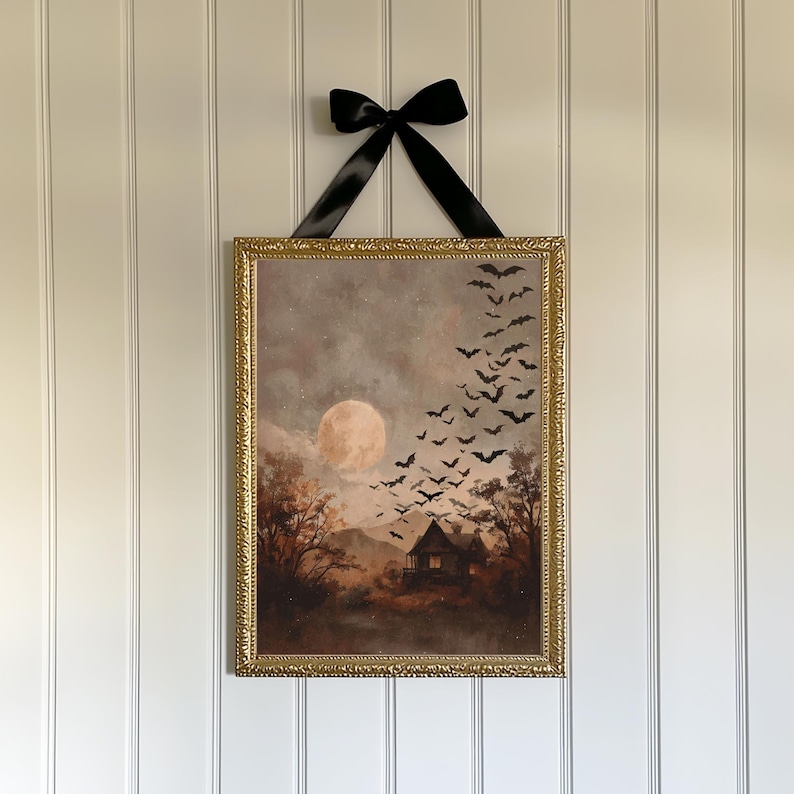 Vintage Haunted House Painting, Halloween Wall Art, Full Moon Gothic ...
