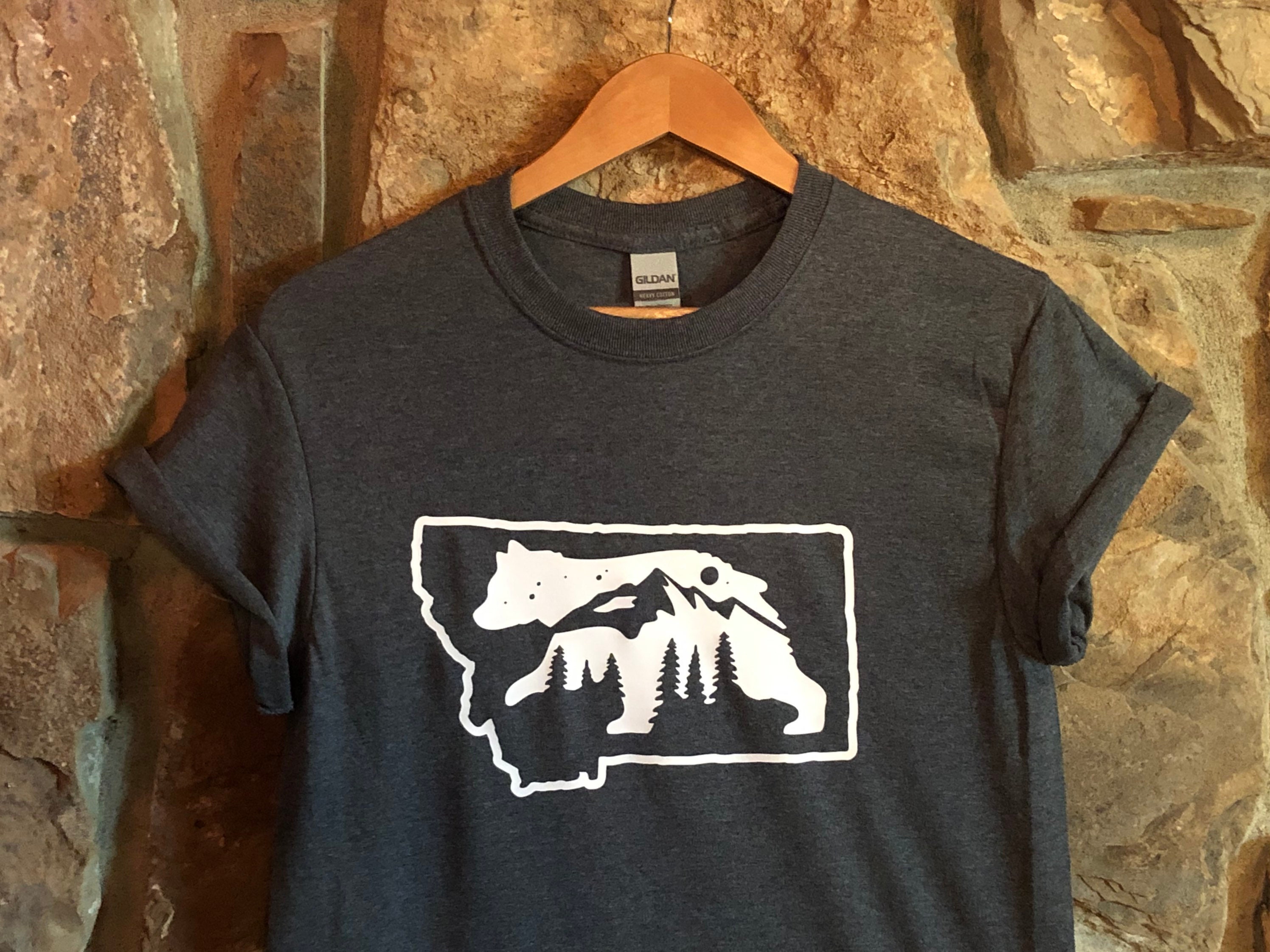 Montana Outline Bear Mountain and Forest T Shirt, Montana Souvenir ...