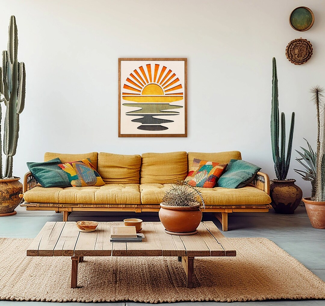 Boho Sunset Wall Art | Beach Sunrise | Retro Ocean Sun | Bohemian Wood ...