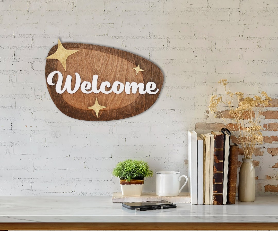 Mid-century Welcome Sign | Retro Wood Sign | MCM Googie Atomic Art ...