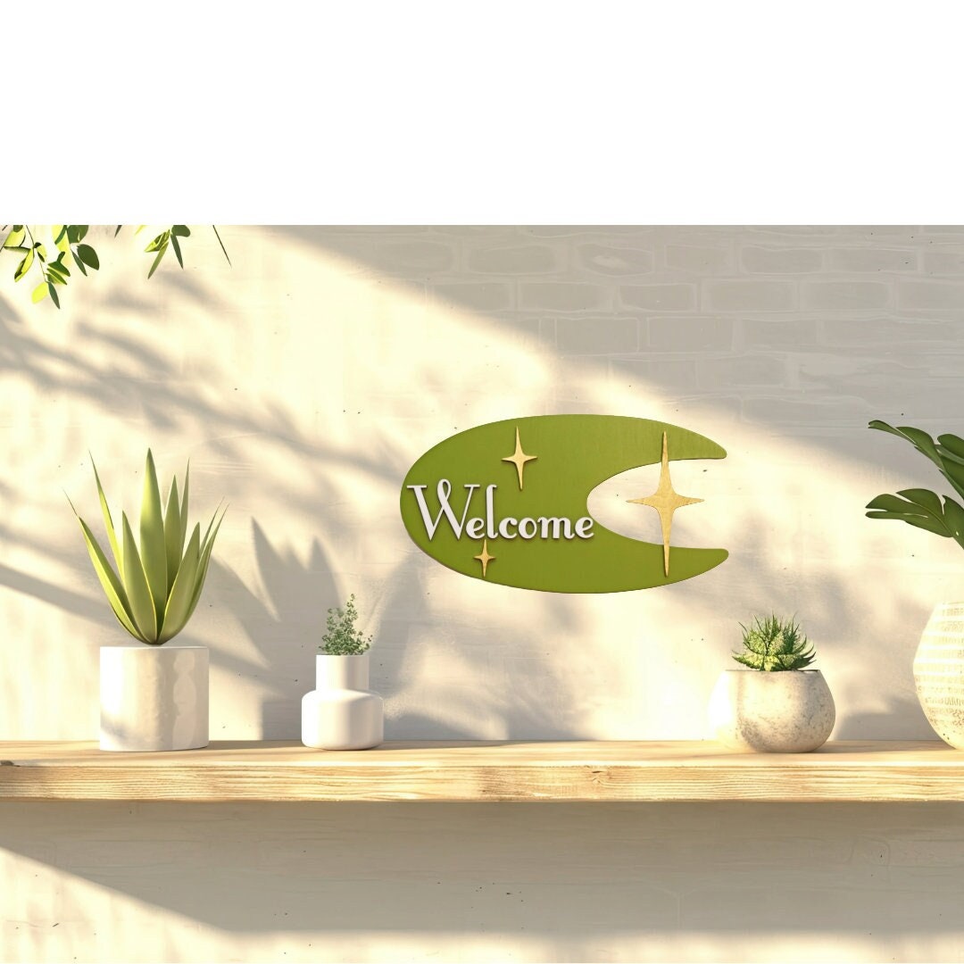 Mid-century Welcome Sign | Retro Wood Sign | MCM Googie Atomic Art ...