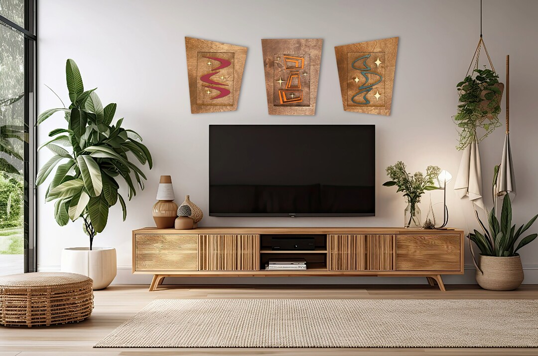 Mid-century Modern Wood Wall Art Trio | Atomic Googie Decor - Etsy