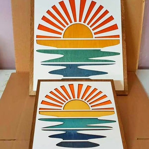 Boho Sunset Wall Art | Beach Sunrise | Retro Ocean Sun | Bohemian Wood ...