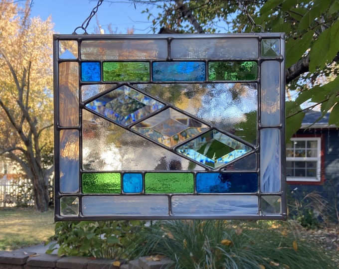 Stained Glass Rectangular Panel With Diamond-shaped Beveled Glass. It ...