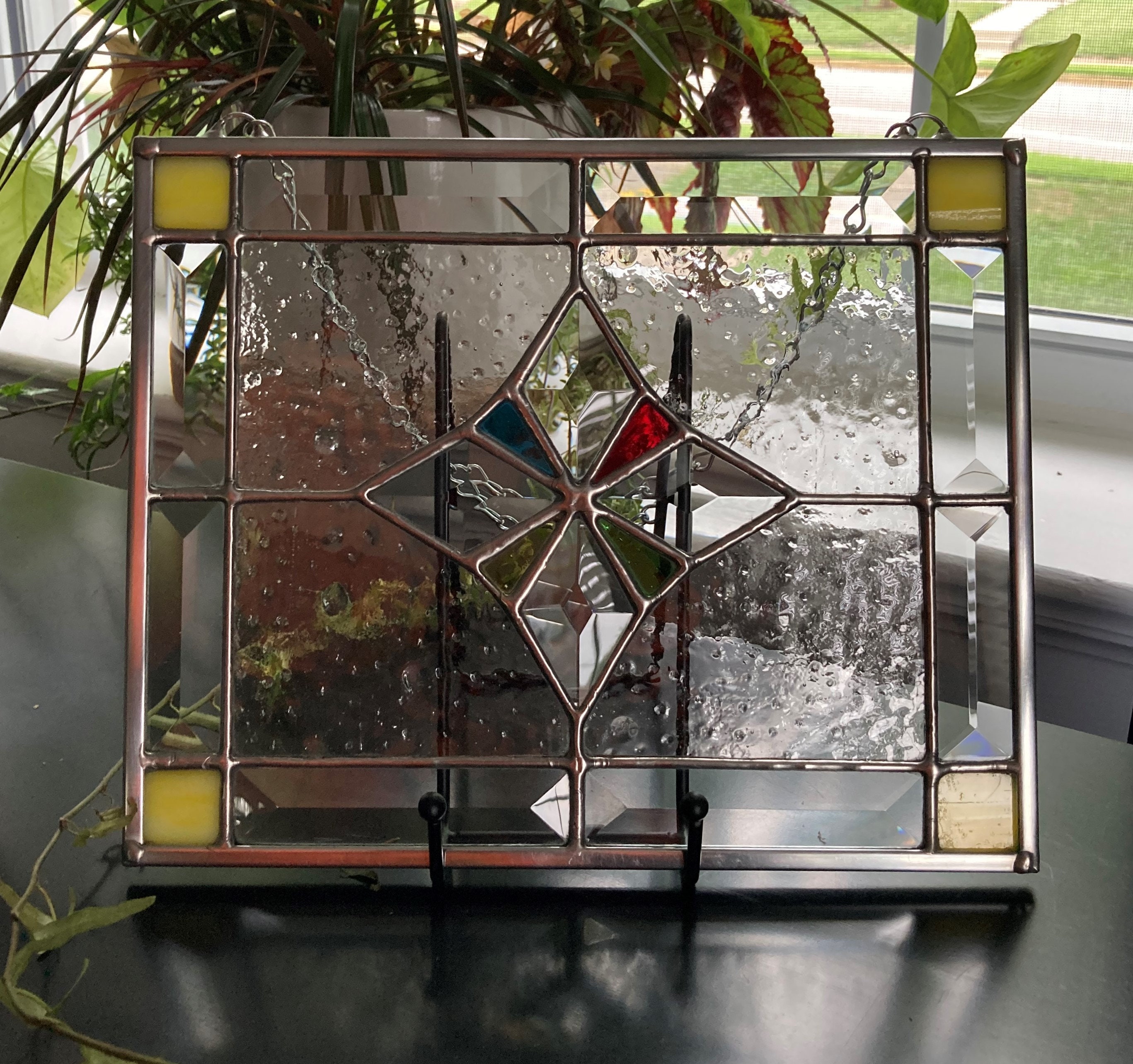 Stained Glass Rectangular Hanging Panel With Four Diamond - Etsy