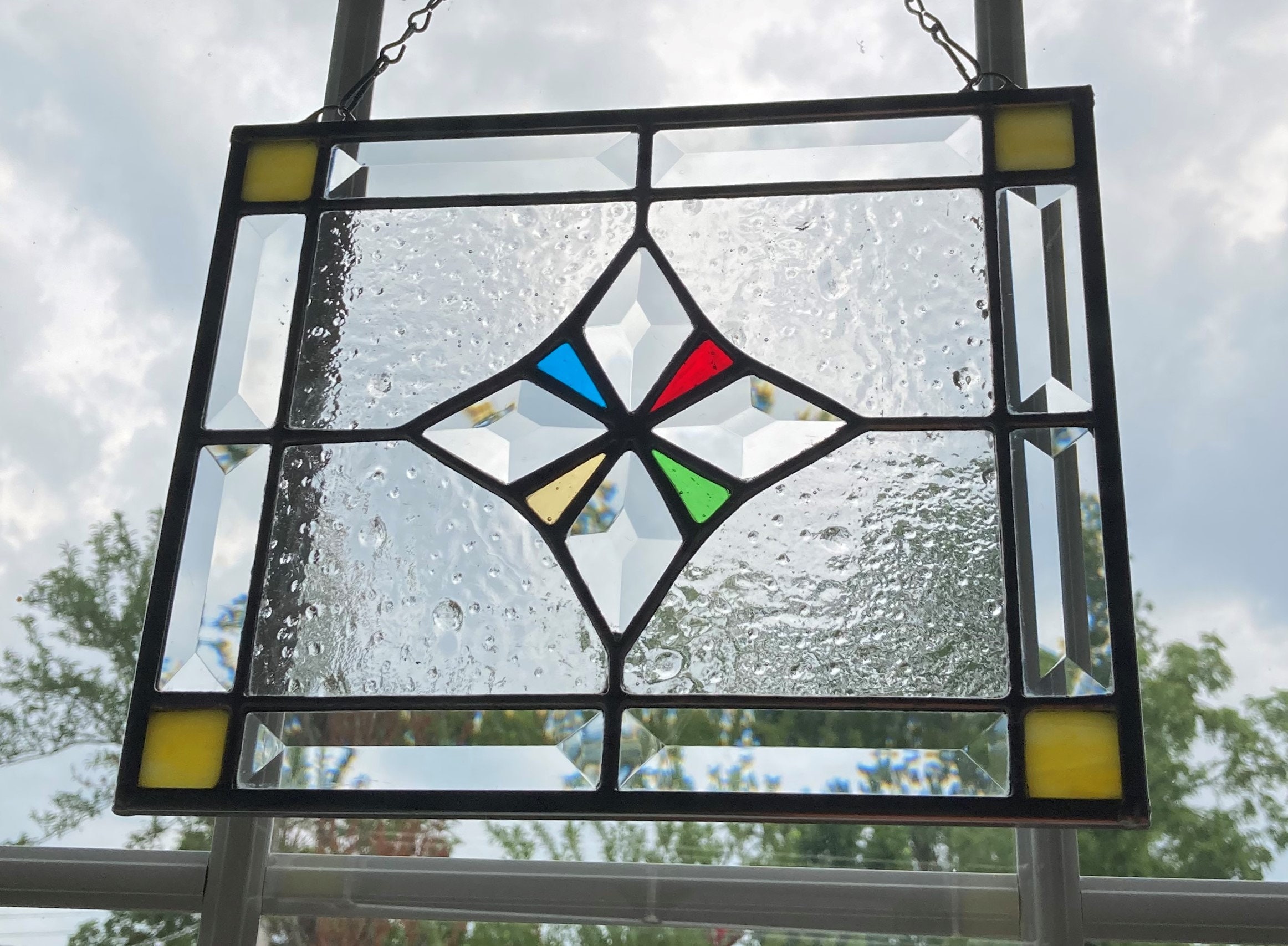 Stained Glass Rectangular Hanging Panel With Four Diamond - Etsy