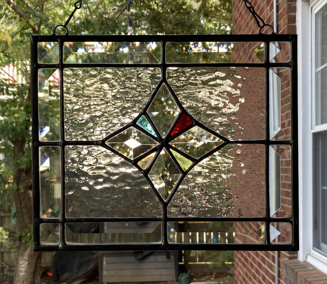 Stained Glass Rectangular Panel With Purple Diamonds and Border Beveled ...