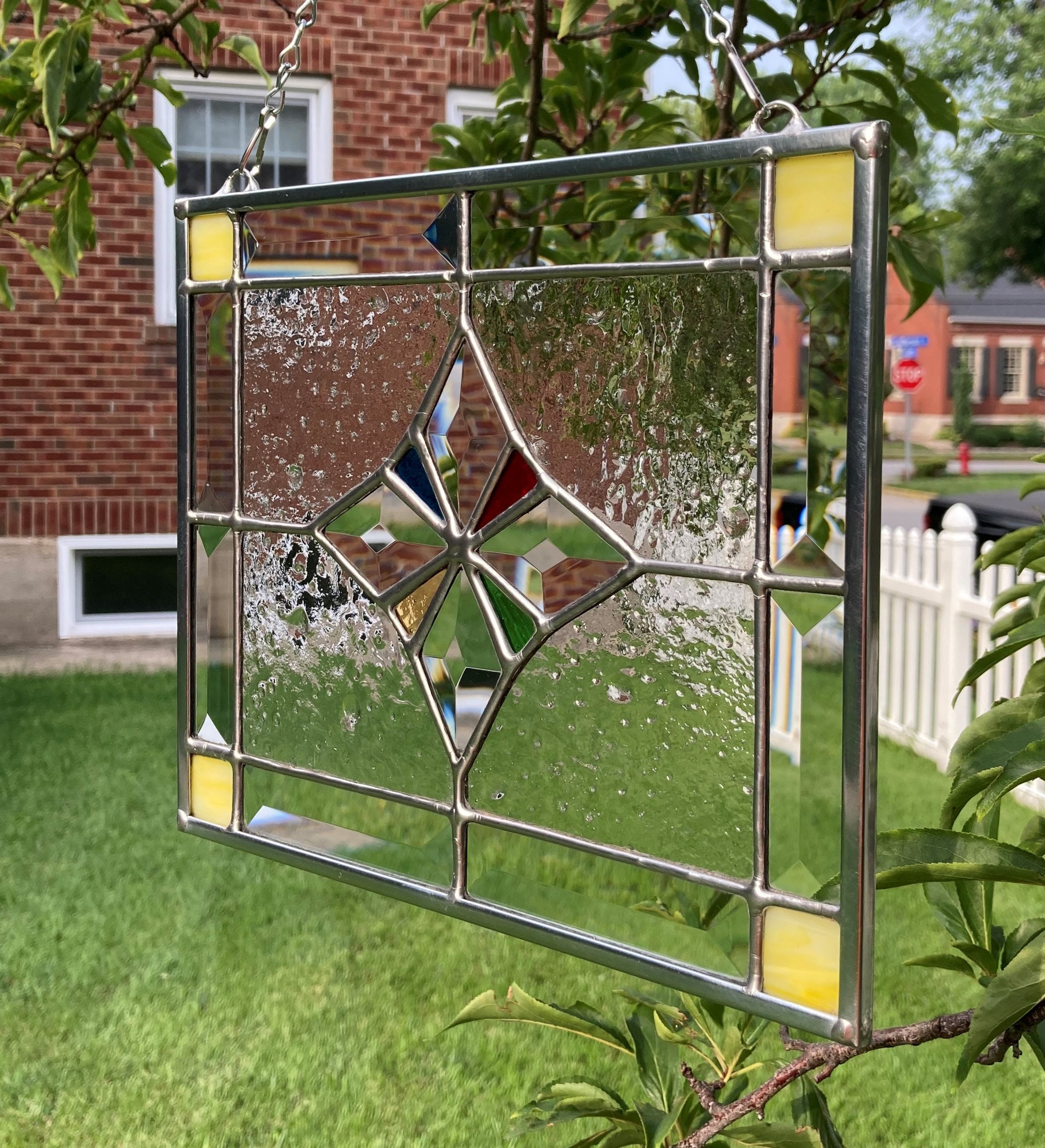 Stained Glass Rectangular Hanging Panel With Four Diamond - Etsy