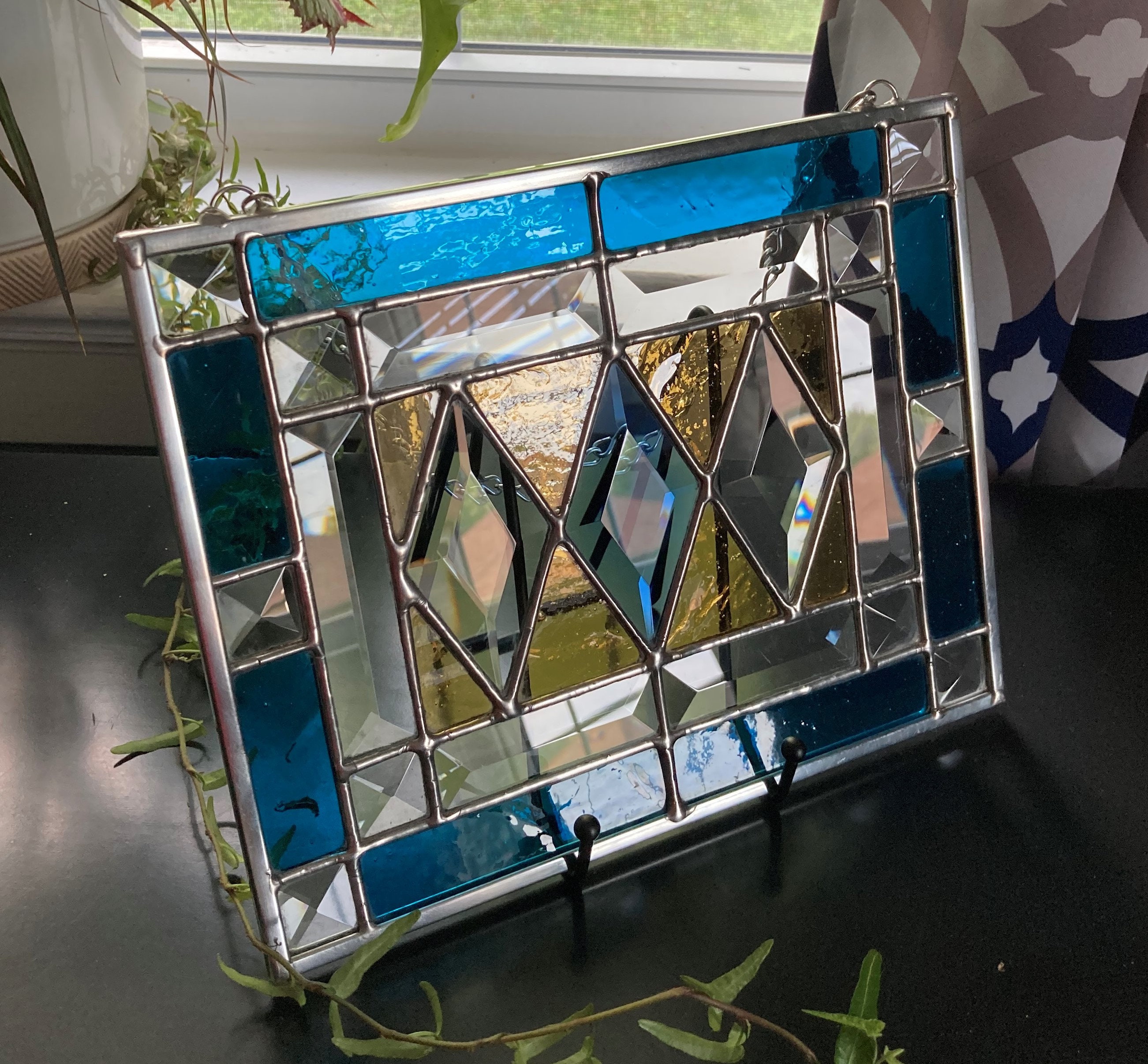 Stained Glass Rectangular Hanging Window Panel With Three - Etsy