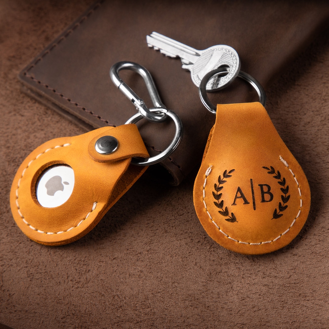 Custom Leather AirTag Keychain, Monogrammed Full Grain Leather AirTag ...