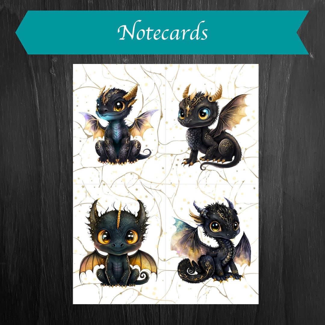 Cute Black Dragon Printable Notecards | 4 per 8.5" X 11" Sheet | Blank ...