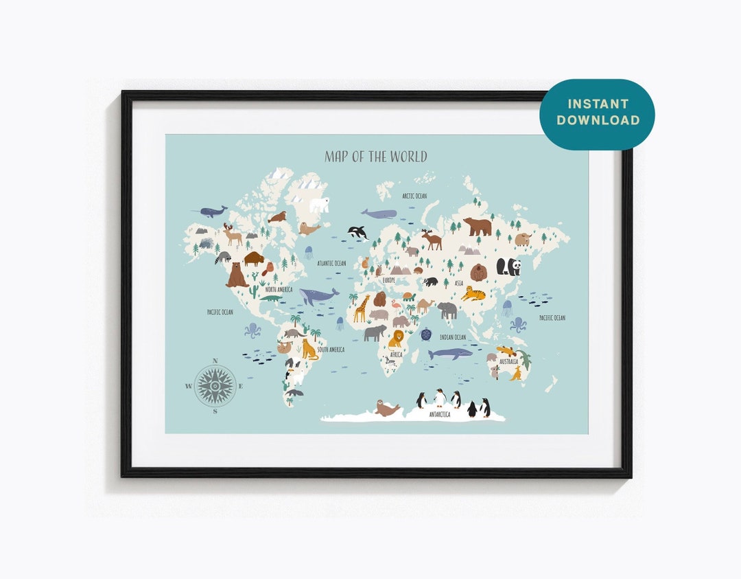 Animal World Map, DIGITAL DOWNLOAD, Kids Nursery Print, Safari Themed ...