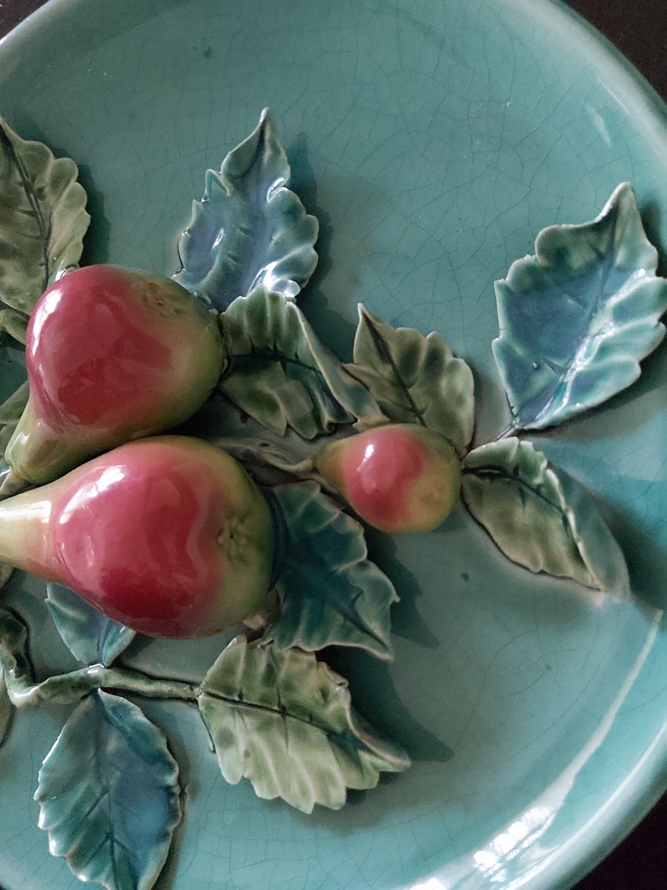 RARE Set Two 1800s FRENCH Large Majolica Pear & Apple Turquoise Blue ...