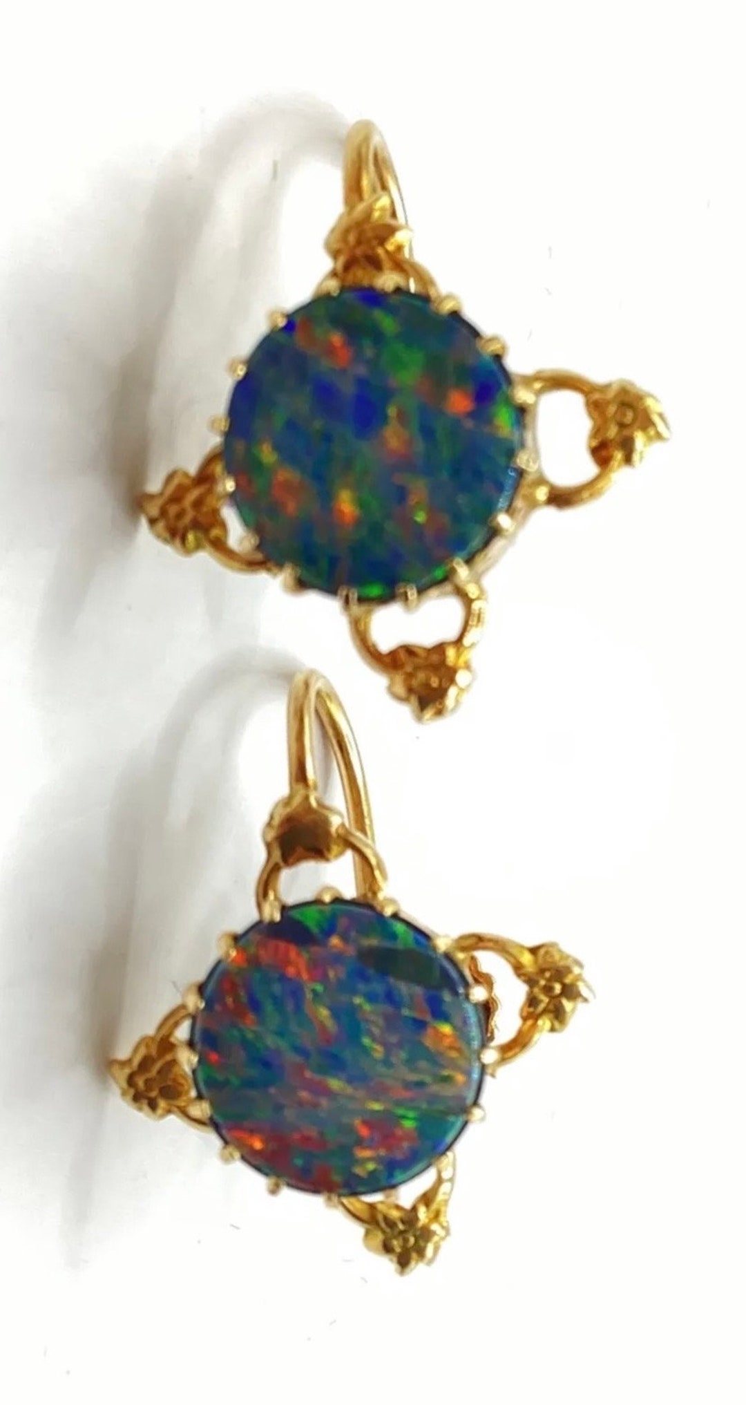Antique Art Nouveau Rich 9ct Yellow Gold Opal Doublet Earrings Vintage Beautiful Scalloped ...