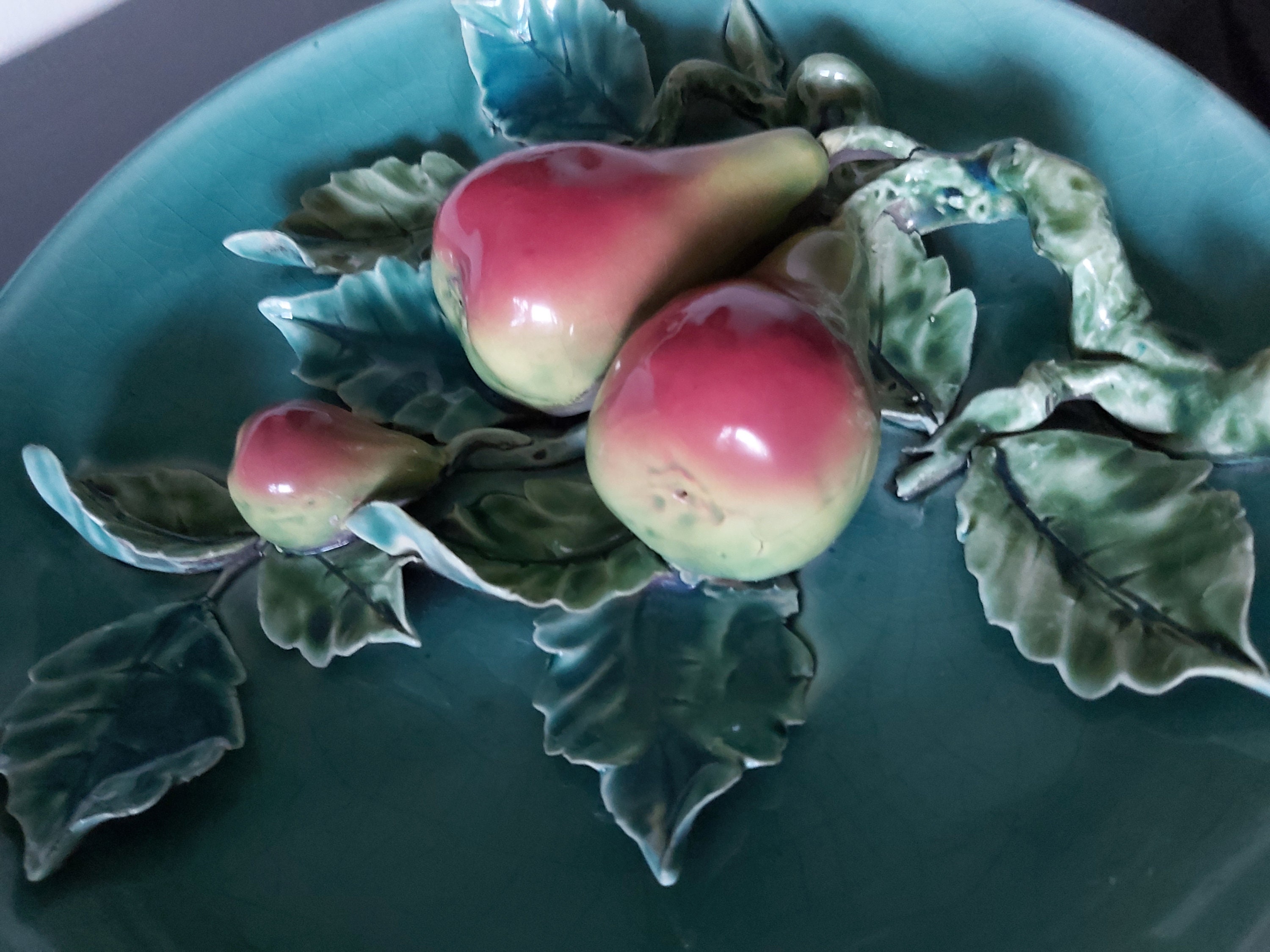 RARE Set Two 1800s FRENCH Large Majolica Pear & Apple Turquoise Blue ...