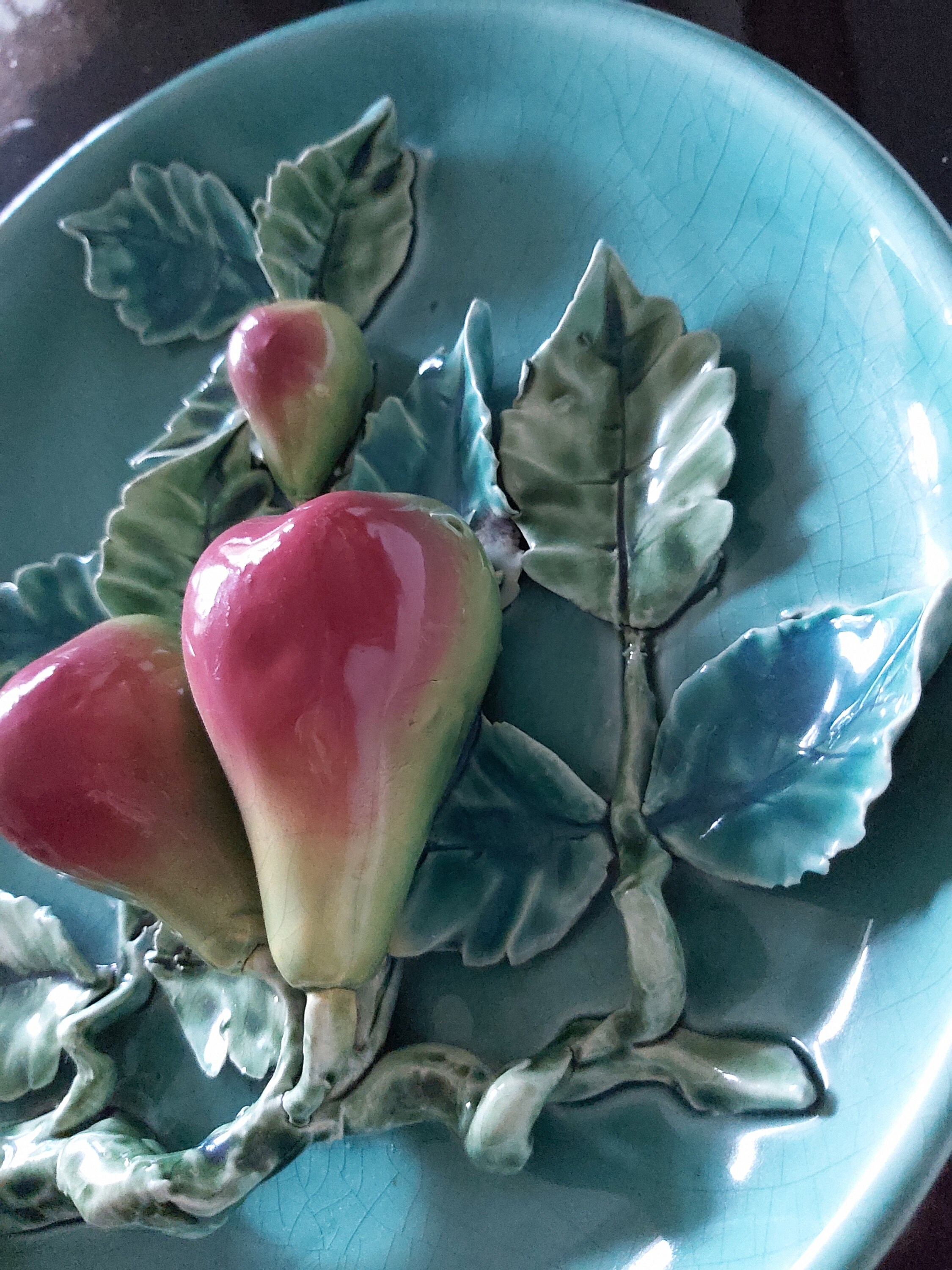 RARE Set Two 1800s FRENCH Large Majolica Pear & Apple Turquoise Blue ...