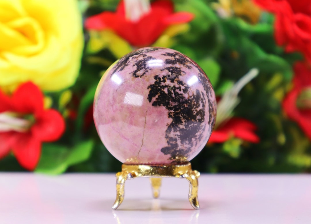 Pink Rhodonite Sphere With Black Veins, High Quality Carving Polished ...