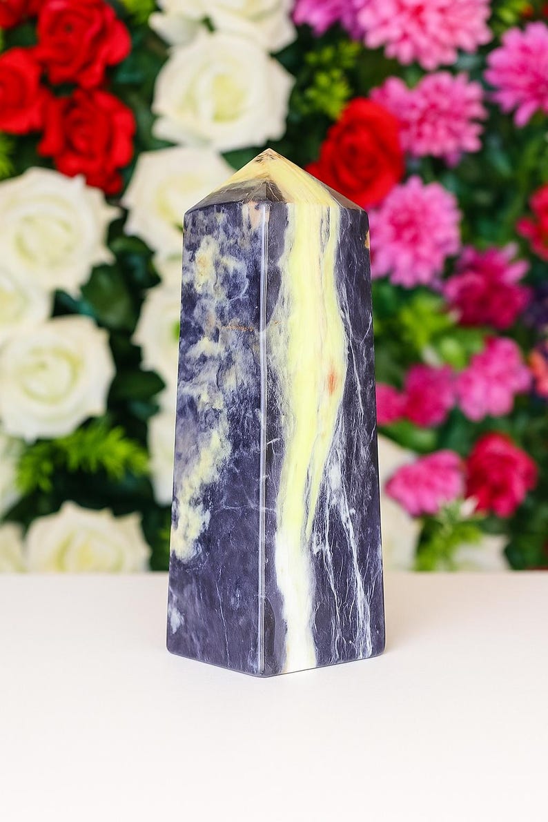 Rare Serpentine Crystal Tower, Black Pattern Decor, Polished Stone ...