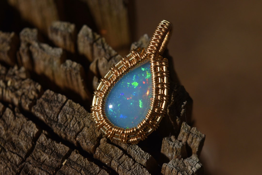 Ethiopian Pinfire Opal Pendant, AAAA Quality, 12k Gold-fill Wire Wrap ...