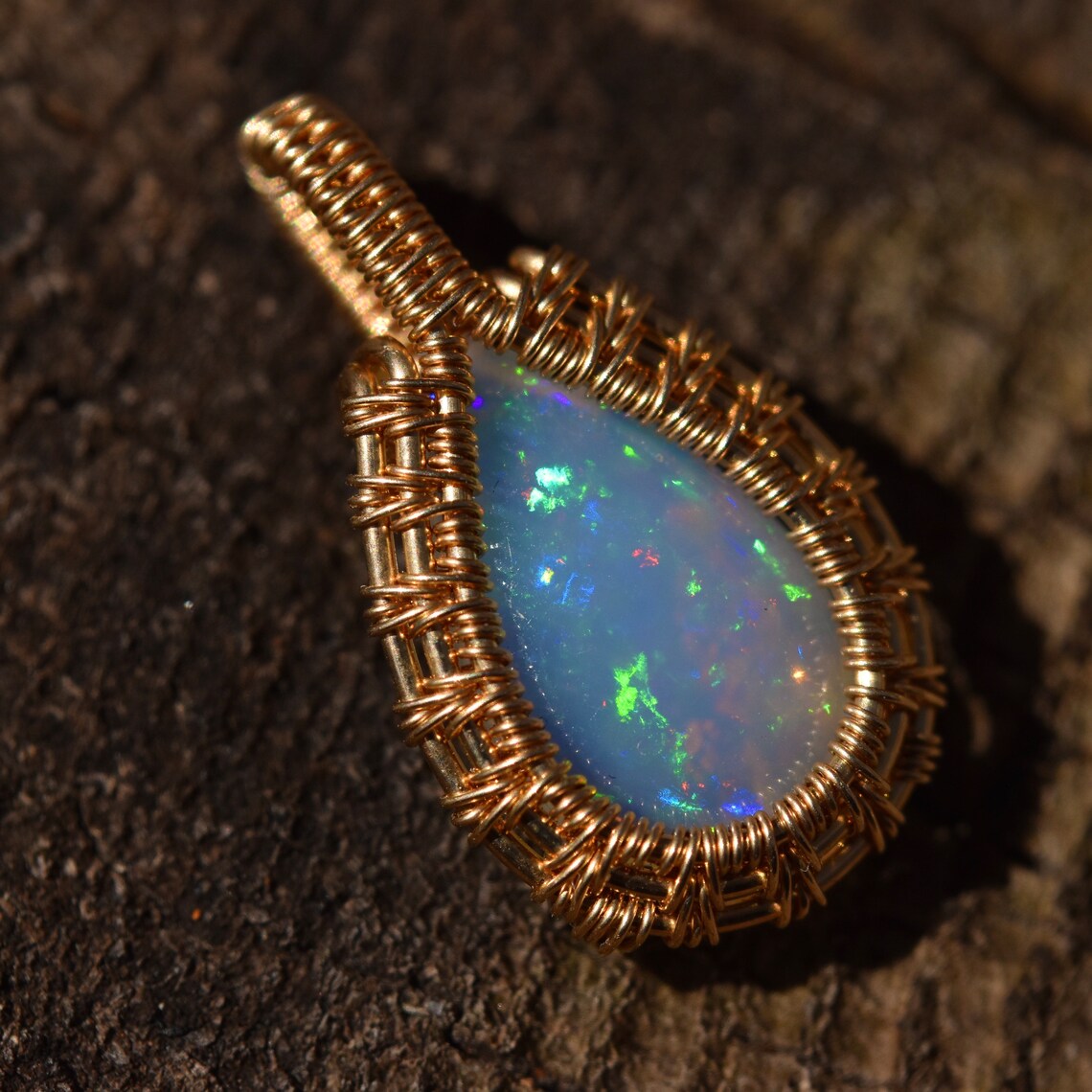Ethiopian Pinfire Opal Pendant, AAAA Quality, 12k Gold-fill Wire Wrap ...