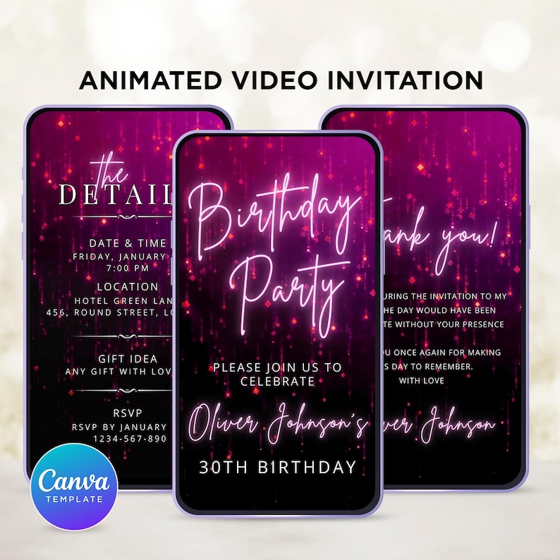 Pink Birthday Party Video Invitation Template, Mobile Invitation - Etsy